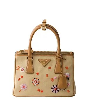 Prada Galleria Small Canvas And Leather Embroidered Bag - Neutral