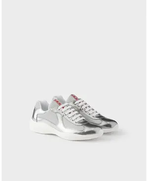 Prada Prada America's Cup Metallic Leather And Bike Fabric Lace Up Sneakers Silver