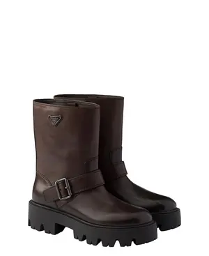 Prada Leather Buckled Boots - Brown