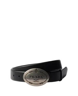 Prada Leather Belt With Oval Logo Buckle - Black