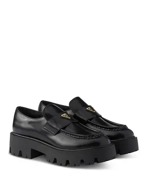 Prada Brushed Leather Loafers With Lug Sole - Black