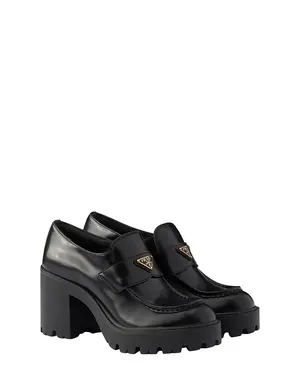 Prada Brushed Leather Loafers With Chunky Heel - Black