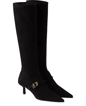 Prada Stretch Suede Knee-high Boots With Buckle Detail - Black