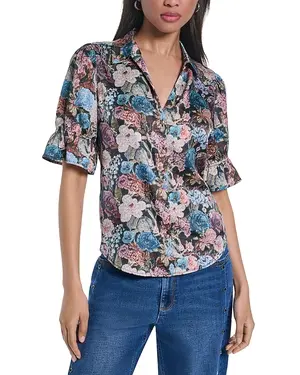 Karl Lagerfeld Paris Brocade Print Collared Top - Black Multi