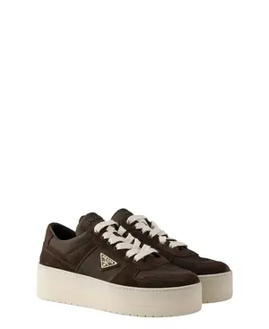 Prada Downtown Bold Re-nylon And Suede Sneakers - Brown