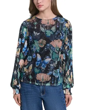 Karl Lagerfeld Paris Pleated Sleeve Mixed Media Top - Black Multi