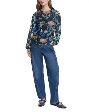 Karl Lagerfeld Paris Pleated Sleeve Mixed Media Top