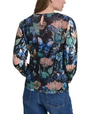 Karl Lagerfeld Paris Pleated Sleeve Mixed Media Top