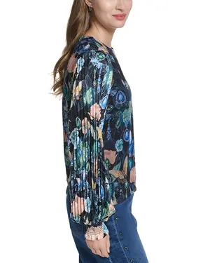 Karl Lagerfeld Paris Pleated Sleeve Mixed Media Top