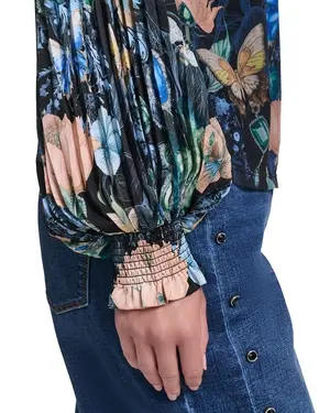 Karl Lagerfeld Paris Pleated Sleeve Mixed Media Top