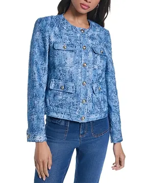 Karl Lagerfeld Paris Sequin Denim Collarless Jacket - Blue Multi