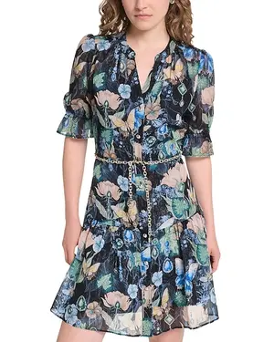 Karl Lagerfeld Paris Metallic Crinkle Button Down Dress - Black Multi