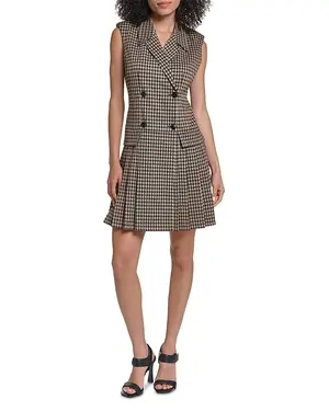 Karl Lagerfeld Paris Sleeveless Double Breasted Plaid Blazer Dress - Brown/ Black