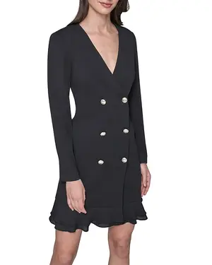 Karl Lagerfeld Paris Double Breasted Ruffle Hem Dress - Black