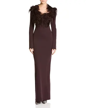 Attico Open Back Feather Trim Gown