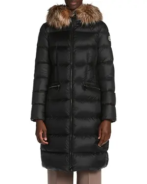 Moncler Boedic Hooded Shearling Trimmed Long Down Jacket - Black