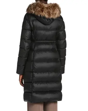 Moncler Boedic Hooded Shearling Trimmed Long Down Jacket - Black