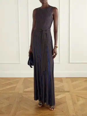 Missoni Belted Pleated Striped Metallic Crochet-knit Maxi Dress - Blue