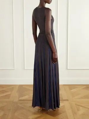 Missoni Belted Pleated Striped Metallic Crochet-knit Maxi Dress - Blue