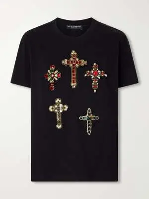 Dolce & Gabbana Embellished Cotton-jersey T-shirt - Black