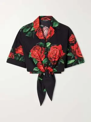 Dolce & Gabbana Floral-printed Cotton-poplin Cropped Shirt - Black
