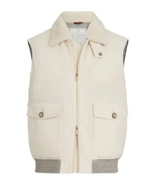 Brunello Cucinelli Waxed Techno Cotton Down Vest With Detachable Shearling Collar