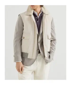 Brunello Cucinelli Waxed Techno Cotton Down Vest With Detachable Shearling Collar