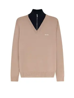Miu Miu Cashmere Turtleneck Sweater With Zip Closure And Intarsia Logo - Albino White/blue