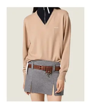 Miu Miu Cashmere Turtleneck Sweater With Zip Closure And Intarsia Logo - Albino White/blue