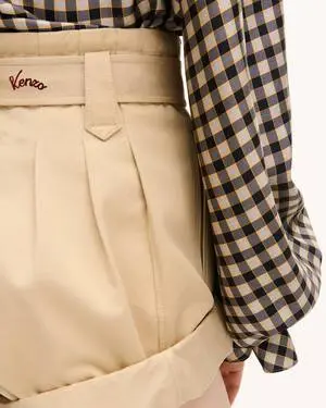 Kenzo High-waist Pleated Cotton Twill Shorts With Belt