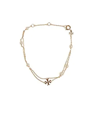 Tory Burch Double Chain Charm Bracelet With Pearl And Logo Motif