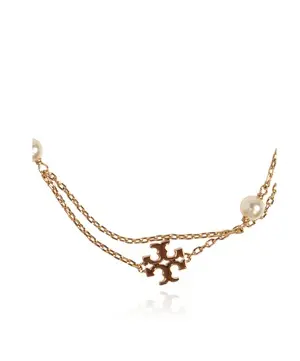 Tory Burch Double Chain Charm Bracelet With Pearl And Logo Motif