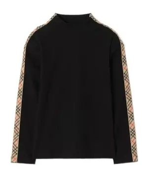 Burberry Check Trim Rib-knit Cotton Turtleneck Top