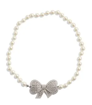 Valentino Garavani Faux Pearl And Crystal Bow Necklace - Ivory