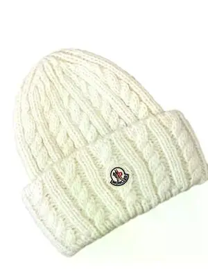 Moncler Cable Knit Wool Blend Beanie Hat - White