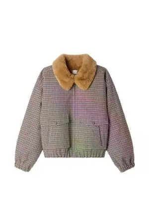 Sandro Checked Pattern Faux Fur Collar Bomber Jacket