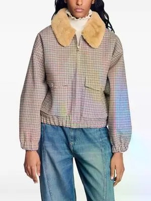 Sandro Checked Pattern Faux Fur Collar Bomber Jacket