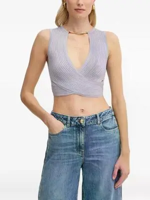 Elisabetta Franchi Wrap-style Ribbed-knit Cropped Top With Gold-tone Hardware - Purple