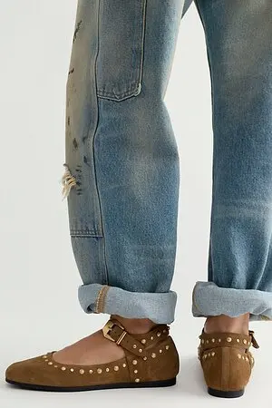 Free People Mystic Halo Mary Janes With Studded Detail - Camel Oiled Suede