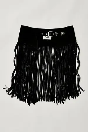 UNDERSTATED LEATHER Suede Fringe Skirt Belt With Metal Buckle