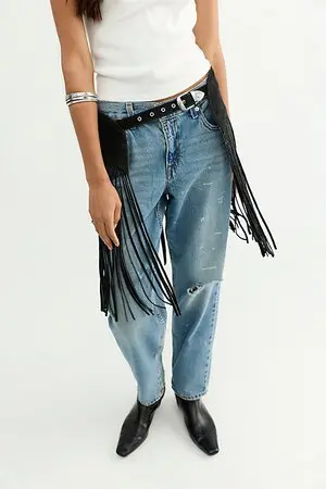UNDERSTATED LEATHER Suede Fringe Skirt Belt With Metal Buckle