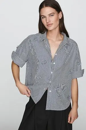 Maeve Mabel 100% Cotton Boxy Oxford Shir Top - Eclipse