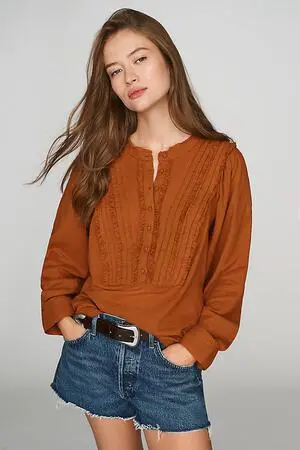 PILCRO 100% Cotton Ruffle Blouse - Brown
