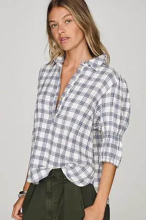 PILCRO Tallulah Puff Sleeve Buttondown Top - Blue Plaid