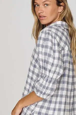 PILCRO Tallulah Puff Sleeve Buttondown Top - Blue Plaid