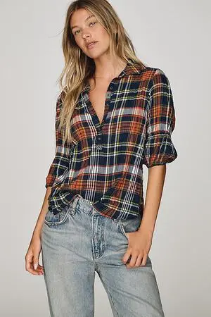 PILCRO Tallulah Puff Sleeve Buttondown Top Navy