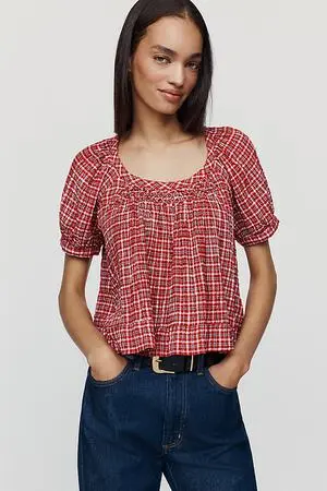 PILCRO Smocked Swg Blouse - Red Plaid