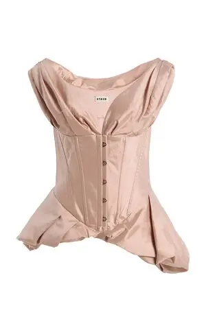 Staud Fabianne Silk Corset Top With Draped Sleeves - Pink