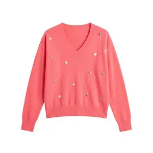 BRODIE CASHMERE Sea Embroidery Cashmere V Neck Jumper - Pink