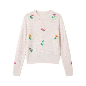 BRODIE CASHMERE Lightweight Floral Stitch Cashmere Crew - White
